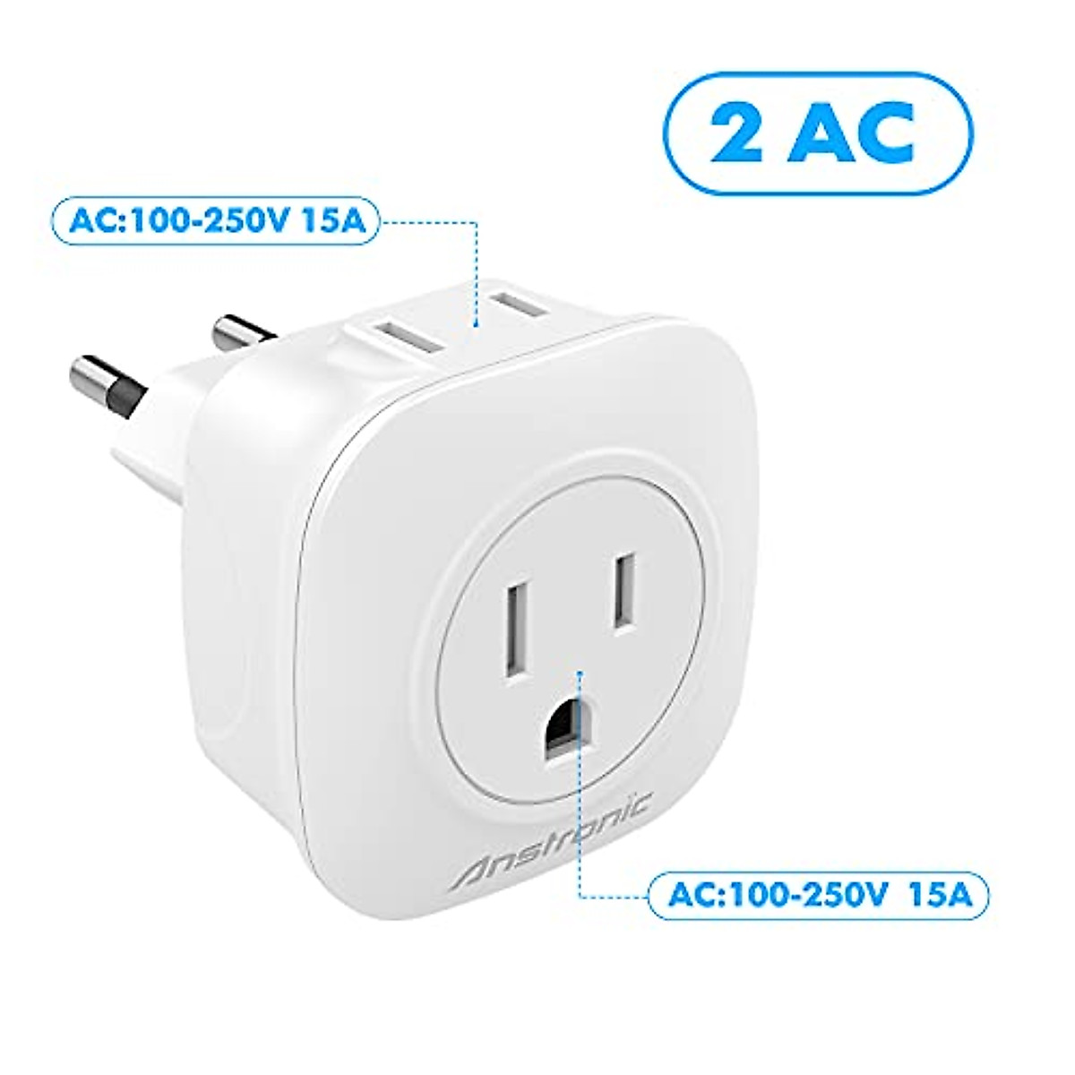 3 Pack European Travel Plug Adapter, Anstronic International Power Adaptor with 2 US Outlet, 2 in 1 European Plug Adapter for USA to Most of Europe EU Italy Iceland France Germany Spain (Type C)
