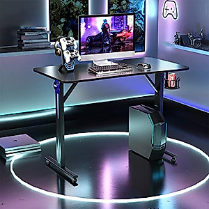 Tangkula Gaming Desk, T-Shaped Computer Desk w/Game Controller Stand, Cup Holder and LED Light, Ergonomic Home Office Game Station with Carbon Fiber Surface (Black)