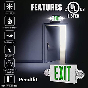 Pendtlit LED Exit Sign Emergency Lights, Green Emergency Exit Light with 2 Adjustable Head Lights, Commercial Emergency Exit Lighting Combo with Battery Backup for Business, UL Listed (6 Pack)