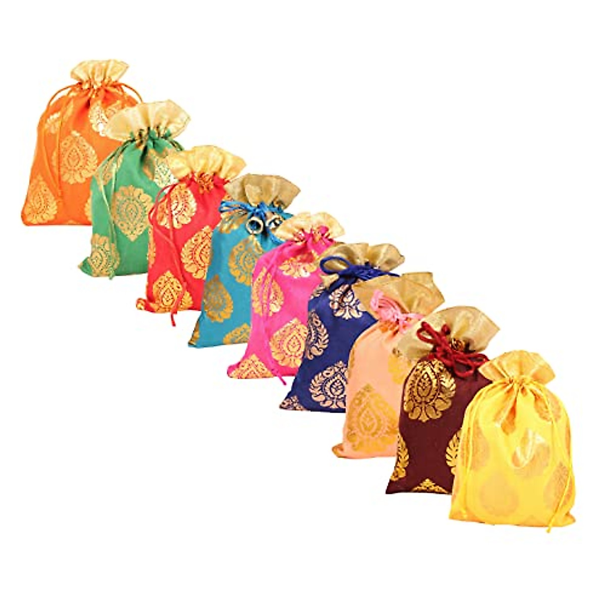 Touchstone Drawstring Bags Traditional Indian Handcrafted in Ficus Leaf Pattern Brocade Fabric. Perfect for Gifts Jewelry Weddings Sweet Distribution Set of 9 Vibrant Multicolor Pouches Purses Potli.