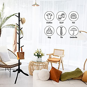 DOHANG Coat Rack, FreeStanding Sturdy Coat Tree, Wooden Hanger, Adjustable Sizes with 8 Hooks for Clothes, Hats, Umbrellas, Scarves, Purses in Hallway, Entryway, Home, Office, Black