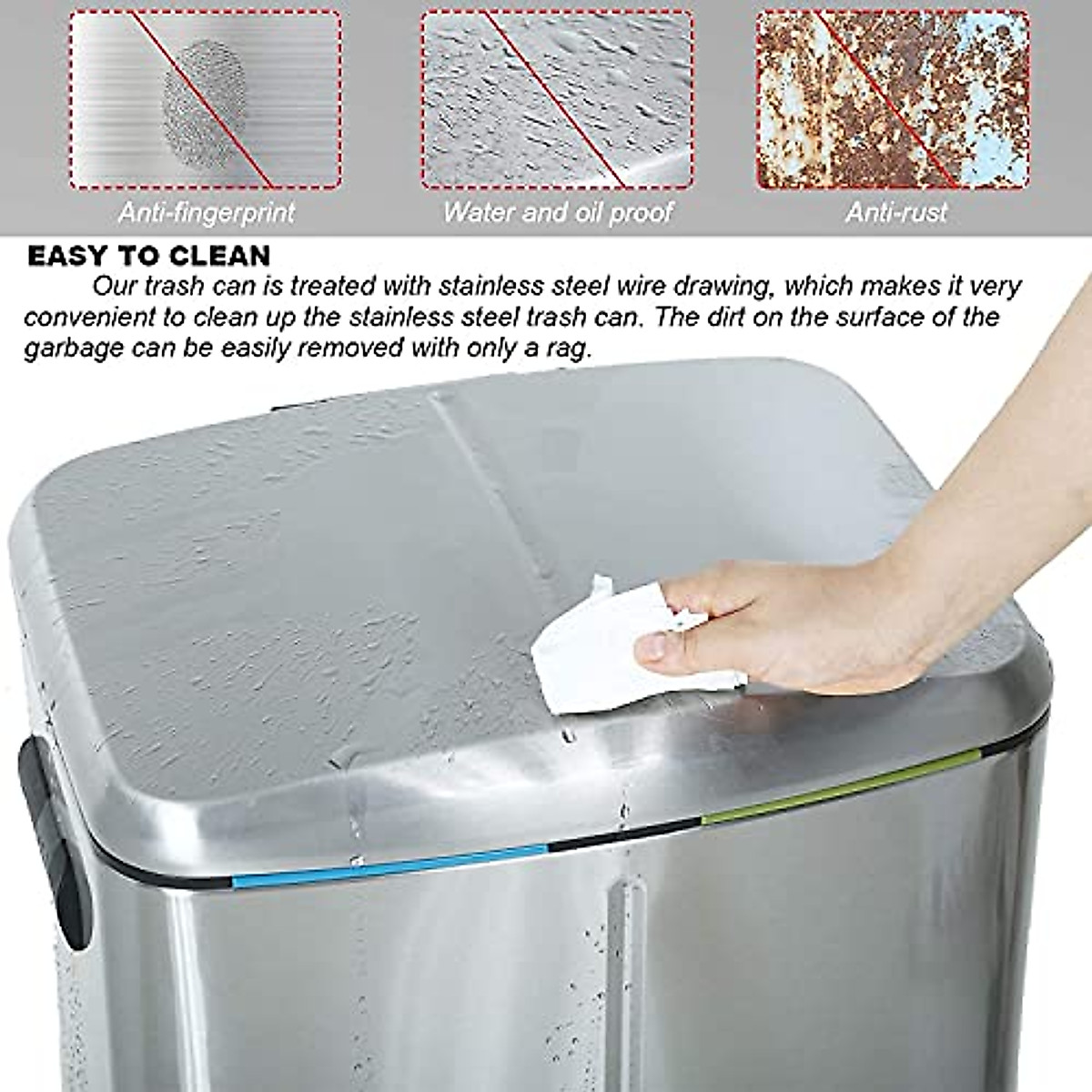 10 Gallon 40L Trash Can with Lid 2 Removable Liner Bucket Area for Office Kitchen Stainless Steel Metal Trash Can, Step Trash Can Wastebasket, Room Large Recycling Trash Can, Garbage Container Bin