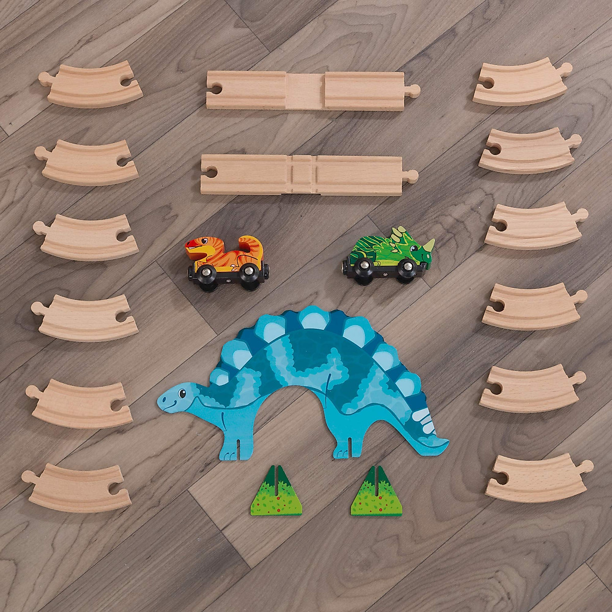 KidKraft Adventure Tracks™: Dino World T-Rex Tremor Cave 15-pc. Wooden Train Track and Vehicle Play Set, Gift for Ages 3+