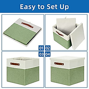 Temary Fabric Storage Cubes Bins with Lids Storage Baskets 13x13 Foldable Storage Bins Cubes Boxes, Canvas Storage Bin for Shelves, Bedroom, Nursery, Closet (White&Green, 13x13x13inch)