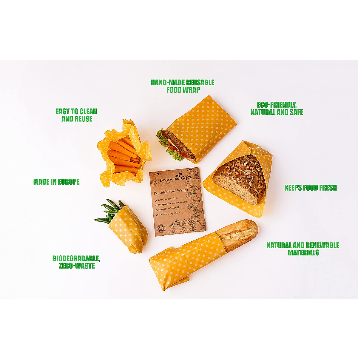 Beeswax Gifts Reusable Beeswax Wrap Set of 6, Washable and Sustainable Food Wraps with Jojoba Oil, Cotton Bees Wax Food Storage Covers For Fruits, Vegetables, Bread, Produce (Made in Ukraine)