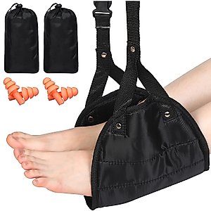 Shappy Airplane Footrest 2 Pcs Foot Hammock Memory Foam Airplane Foot Rest Adjustable Foot Sling with 2 Pairs Soft Sleeping Earplugs