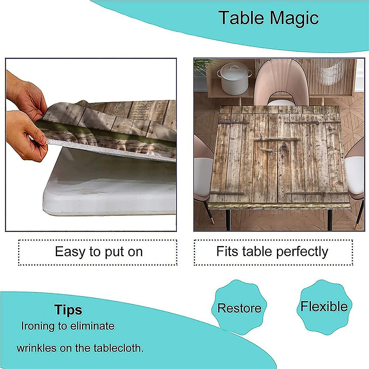 Square Fitted Elastic Edge Table Cloths, Wooden Grain Barn Door Washable Spill Proof Polyester Table Cloth, Great for Outdoor Home Kitchen/Parties/Holiday Dinner, Suitable for 36 x 36 in Table