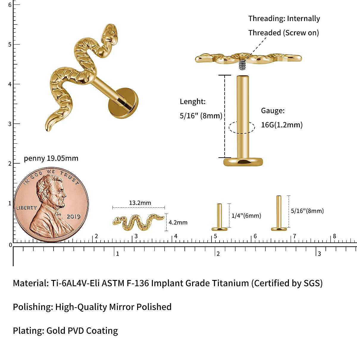 FINE4U 16G Gold Snake Piercing Jewelry for Conch, Tragus, Helix - ASTM F136 Titanium Hypoallergenic Cartilage Earring, Internally Threaded Nickel Free Flat Back Stud