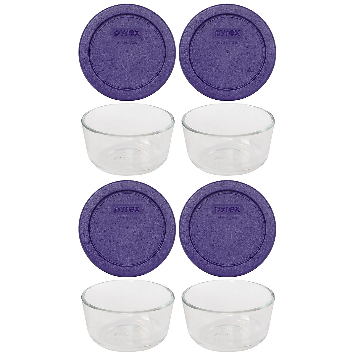 Pyrex (4 7202 Glass Bowls & (4) 7202-PC Plum Purple Lids Made in the USA