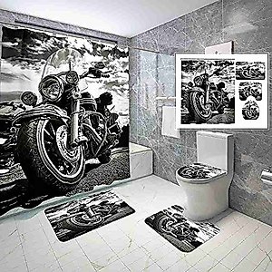 4 Piece Motorbike Waterproof Fabric Bathroom Sets with Non-Slip Rugs, Toilet Lid Cover and Bath Mat, Waterproof Shower Curtain with Standard Size