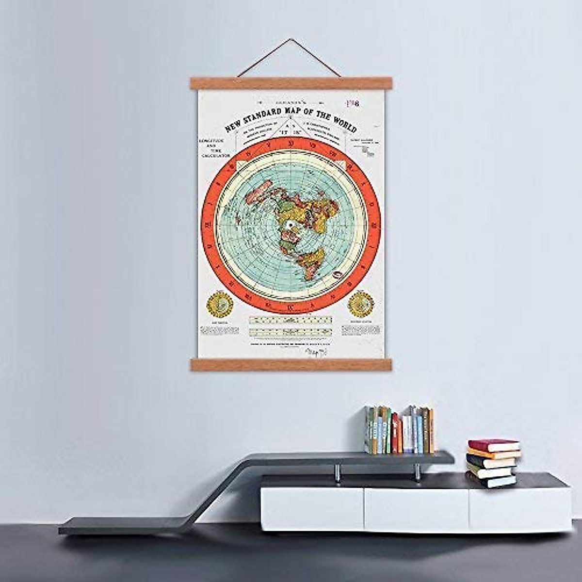 AlexArt Flat Earth Map - Gleason's New Standard Map of The World - Large 24"X36" Canvas Print Scroll Poster with Teak Wood Frame Ready to Hang