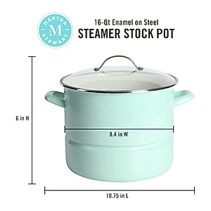 Martha Stewart Thayer 16-Quart Enamel On Steel Scratch Resistant Steamer Stock Pot w/Stainless Steel Insert - Martha Blue
