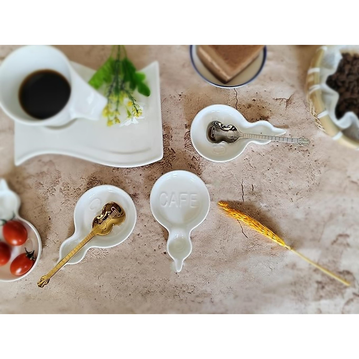 Coffee Spoon Rest for Coffee Bar Accessories, Small Spoon Rest for Coffee Station, Ceramic Tea Spoon Rest Tea Spoon Holder Teaspoon Rest (White, CAFE Pattern)
