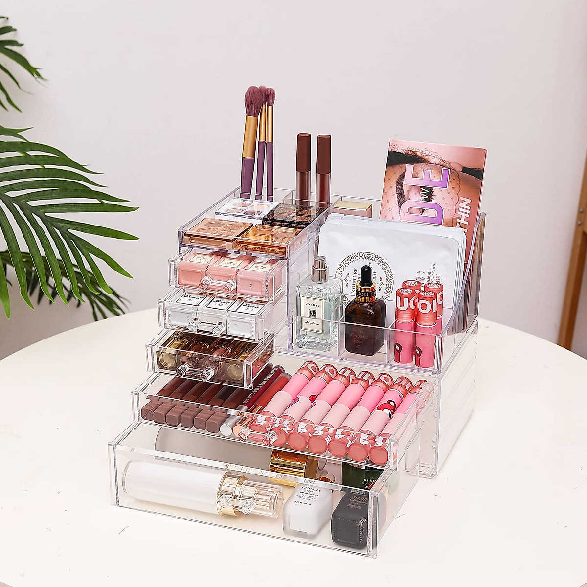 Cq acrylic 2 Pack Clear Make Up Organizers for Vanity,Stackable 5 Drawers Make Up Organizer,Cute Desk Organizer for Vanity Jewelry,Hair Clip,Beauty,Skincare Product Dresser Acrylic Drawer Organizer