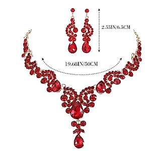 Unicra Bride Wedding Jewelry Sets Crystal Bridal Necklace Earrings Set Rhinestone Choker Necklace Prom Costume Jewelry for Women and Brides (Red)