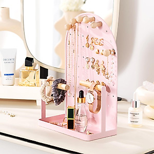 ProCase Cute Jewelry Organizer Stand Earring Holder Organizer for Dorm, Aesthetic Necklace Stand with 6 Removable Wood Hooks, Small Jewelry Display Rack with Bottom Tray for Bracelets Rings -Pink