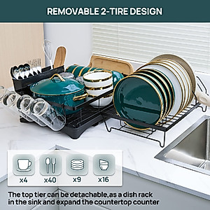 YIHONG Kitchen Large Dish Drying Rack with Drainboard, 2 Tier Dish Racks for Kitchen Counter, Dish Drainer Set with Utensils Holder, Dish Strainers with Extra Drying Mat for Pots and Pans