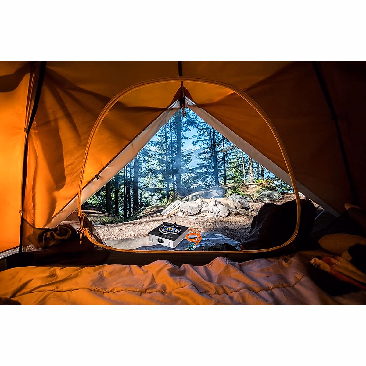 Single Propane Gas Burner Stove with Auto Ignition Tempered Glass Top Hose & Regulator for Camping and Outdoor Cooking (One Burner)