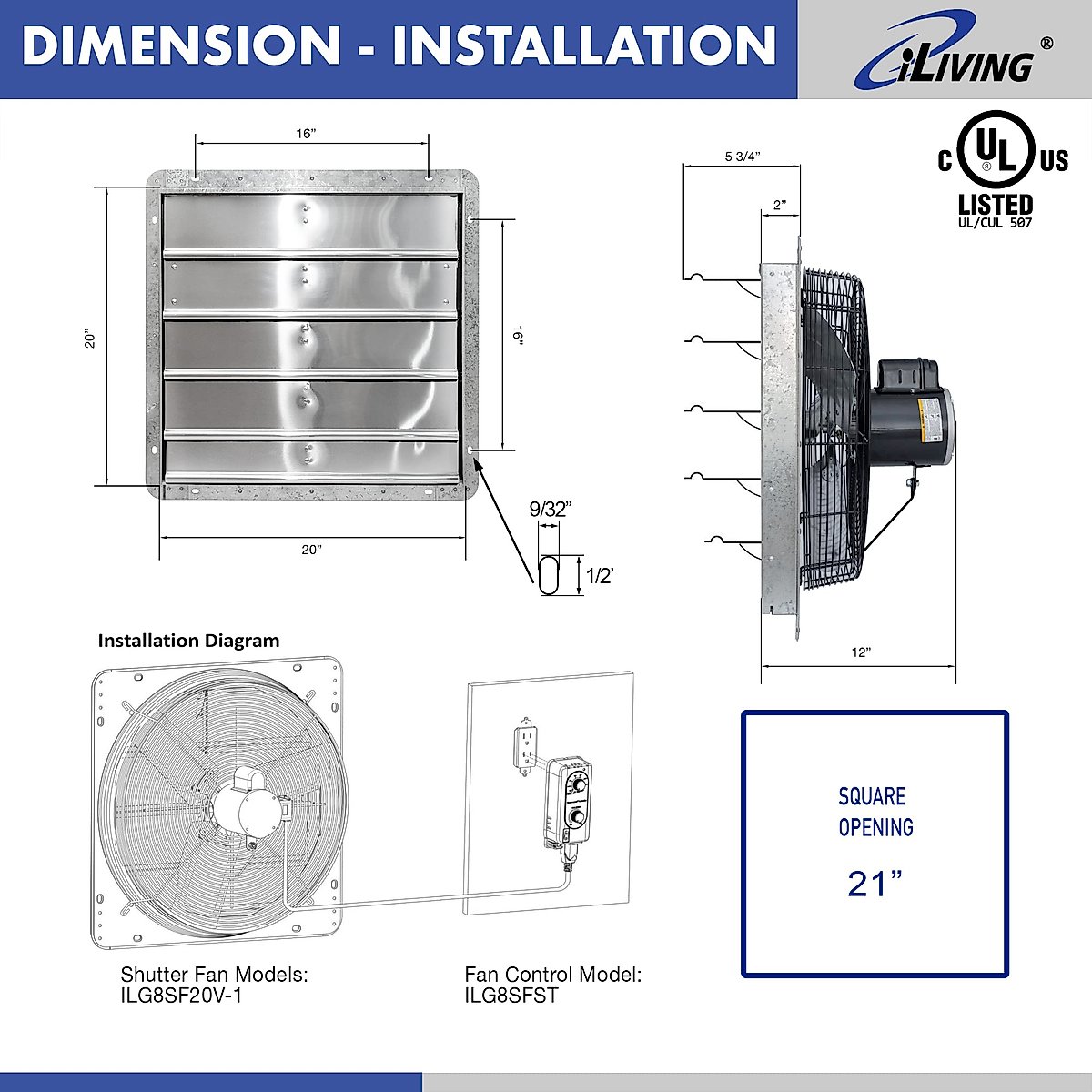 iLIVING 20" Wall Mounted Shutter Exhaust Fan, Automatic Shutter, with Thermostat and Variable Speed controller, 2.2A, 3368 CFM, 5000 SQF Coverage Area Silver (ILG8SF20V-ST)