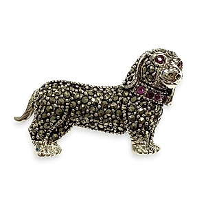 Art Deco Style Dachshund Dog Pin Brooch with Marcasite and Ruby Stone 925 Sterling Silver