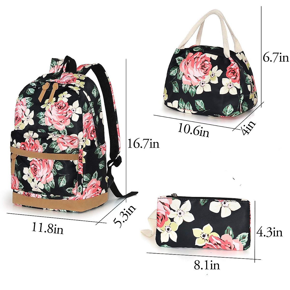 Teen Girl School Backpack with Lunch Box Pencil Case, 3 in 1 Canvas Student BookBag Set for Elementary School (Floral)