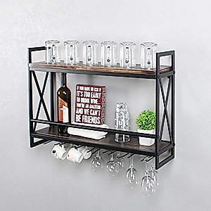 MBQQ Rustic Wall Mounted Wine Racks with 7 Stem Glass Holder,30in Industrial Metal Hanging Wine Rack,2-Tiers Wood Shelf Floating Shelves,Home Room Living Room Kitchen Decor Display Rack,Retro Black