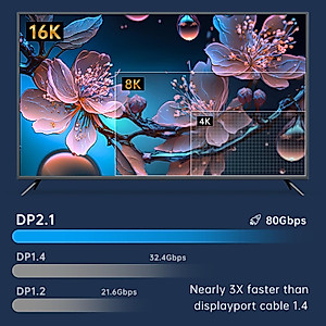 Dbilida VESA Certified DisplayPort 2.1 Cable 6.6ft, 16K DP 2.0 Cable Supports 80Gbps, 16K@60Hz, 8K@120Hz, 4K@240Hz/165Hz, 2K@360Hz HDR, HDCP2.2, 3D, ARC for TV, Gaming Monitor