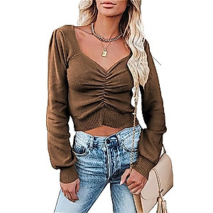 PRETTYGARDEN Fall Long Sleeve Cropped Sweaters for Women 2023 Off The Shoulder V Neck Ruched Ribbed Knit Going Out Tops (Coffee, Medium)