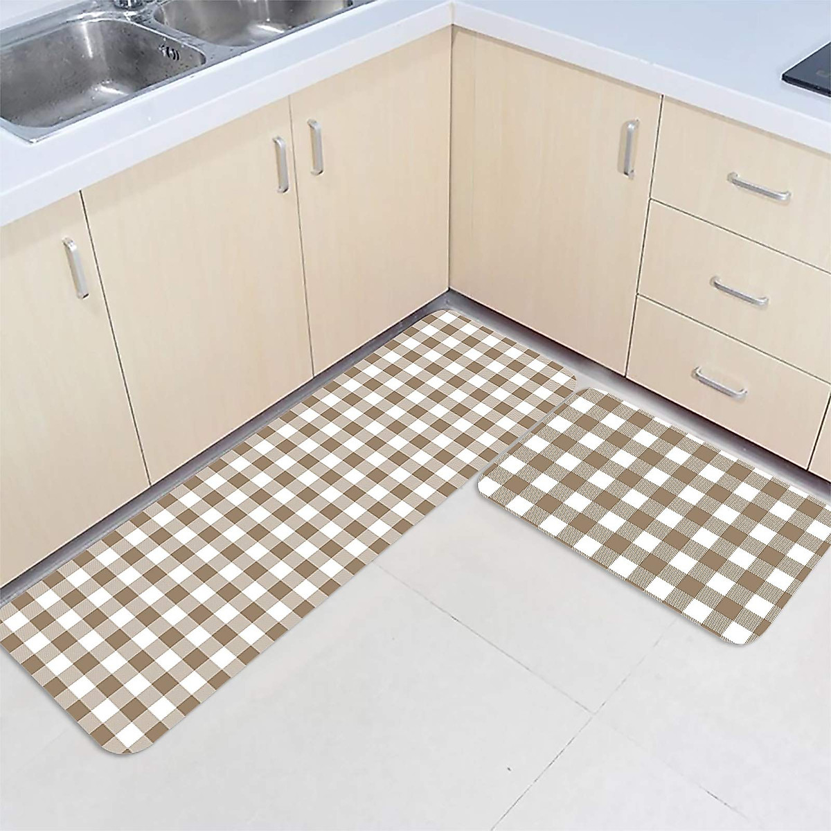 2 Pieces Kitchen Rugs Sets, Country Style Brown and White Checkered Plaid Gingham Non-Slip Hallway Stair Runner Rug Mats Doormat for Floor, Office, Sink, Laundry