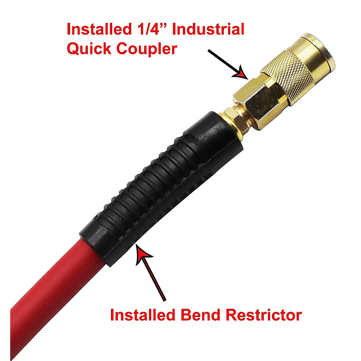 YOTOO Hybrid Lead-in Air Hose 1/4-Inch by 10-Feet 300 PSI Heavy Duty, Lightweight, Kink Resistant, All-Weather Flexibility with Bend Restrictors, 1/4" Industrial Quick Coupler and Plug, Red