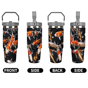 Japan Fancy Carp Fishes 30oz Stainless Steel Insulated Tumbler with Straw & Foldable Handle - Leakproof, Double-Wall Vacuum Travel Thermos for Hot/Cold Drinks, Non-Slip Base, Fit Cup Holders