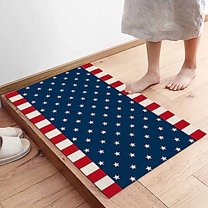 July 4th Kitchen Rugs Sets 2 Pcs Floor Mats Independence Day USA Flag Stars Stripe Red White and Blue Doormat Non-Slip Rubber Backing Area Rugs Carpet Inside Door Mat Pad Sets-16"x 24"+16"x47"
