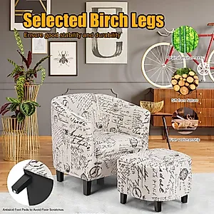 Giantex Modern Accent Chair with Ottoman, Upholstered Barrel Tub Chair and Footrest Set, Linen Fabric Club Arm Chair w/Solid Wood Legs, Ideal for Living Room, Bedroom, Garret