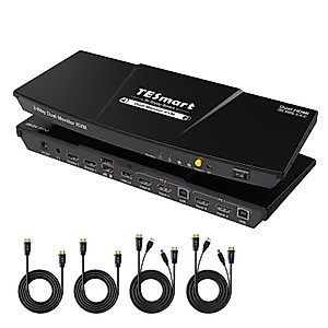 TESmart HDMI KVM Switch 2 Monitors 2 Computers 4K@60Hz, USB 2.0, Dual Monitor KVM Switch HDMI 2 Port Extended Display, EDID emulators, L/R Audio, Hotkey Switch, Button Switch with Input Cables