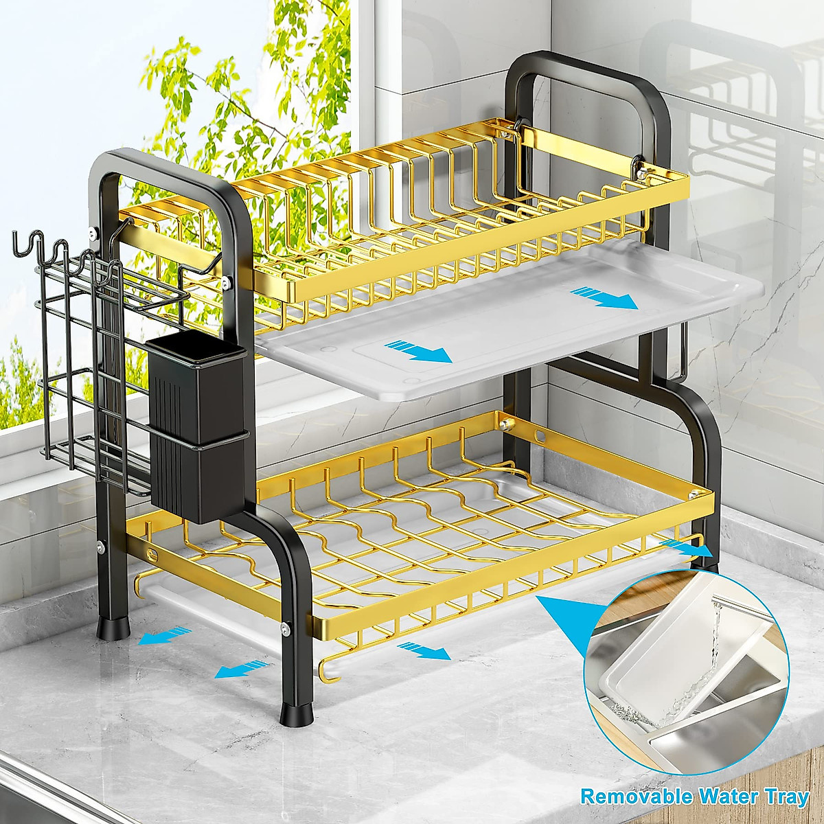 Nicous 2 Tier Dish Drying Rack, Dish Rack with Drainboard, Utensil Holder and Cutting Board Holder, 304 Stainless Steel Dish Drainer for Kitchen Counter (Black & Gold )