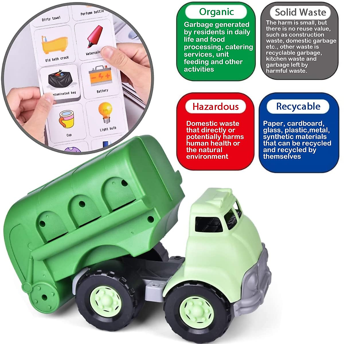 Liberty Imports Big Plastic Garbage Truck Toy, Waste Management Recycling Green Dump Vehicle with 4 Trash Cans and Recycle Sorting Cards for Little Kids, Toddlers