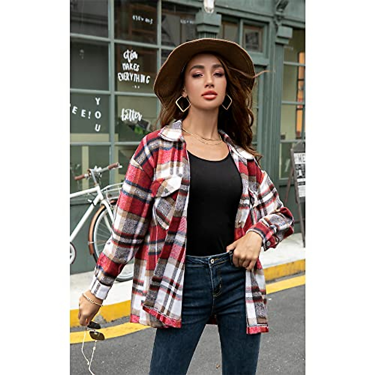 Women Classic Flannel Plaid Jacket Button Down Boyfriend Long Sleeve Lapel Shirts Casual Blouses Tops (Red, Small)