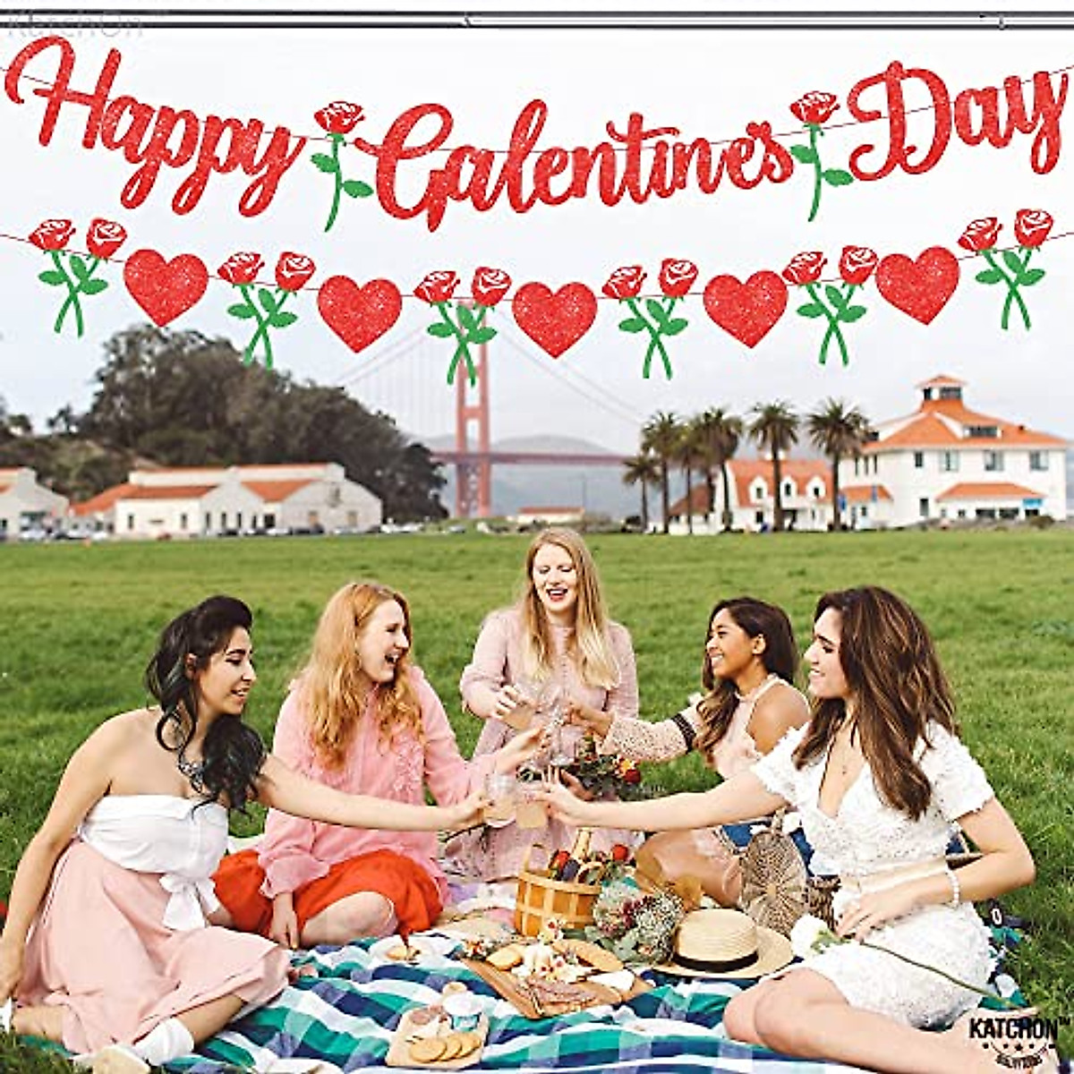 Happy Galentines Day Banner with Roses - 2 Strings, No DIY | Happy Galentines Day Decorations | Galentines Day Party Favors for Be My Galentine Decor | Galentine's Day Decorations, Galentines Décor