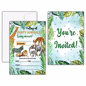 KFNER Calling All Party Animals Birthday Invitations, Safari Animals Birthday Party Invitation Card, Zoo Birthday Party Favors & Celebration Supplies(20 Set of Invitations with Envelopes)-B15