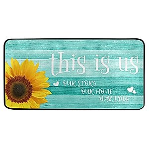 Teal Turquoise Green Wooden Sunflowers Kitchen Rugs Non Slip This is us Kitchen Mats Bath Rug livingroom Doormats for Home Decor, Washable, 39 x 20 Inch