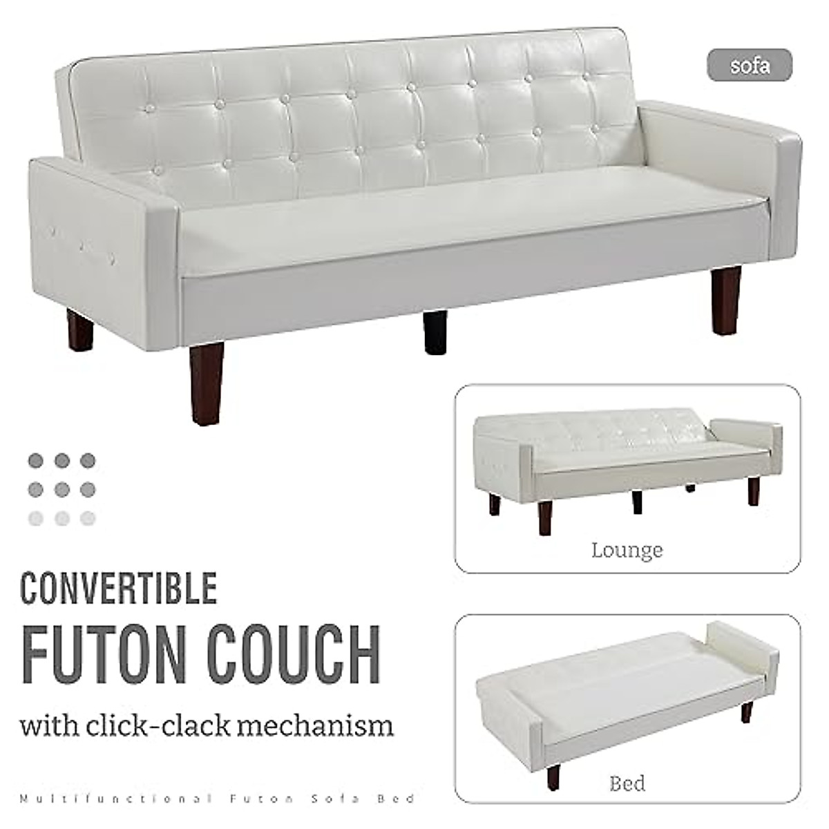 IULULU Futon Sofa Bed, Modern Convertible Faux Leather Sleeper Couch with Armrests for Studio, Office, Apartment, Compact Living, Game Room, Overnight Guests, White