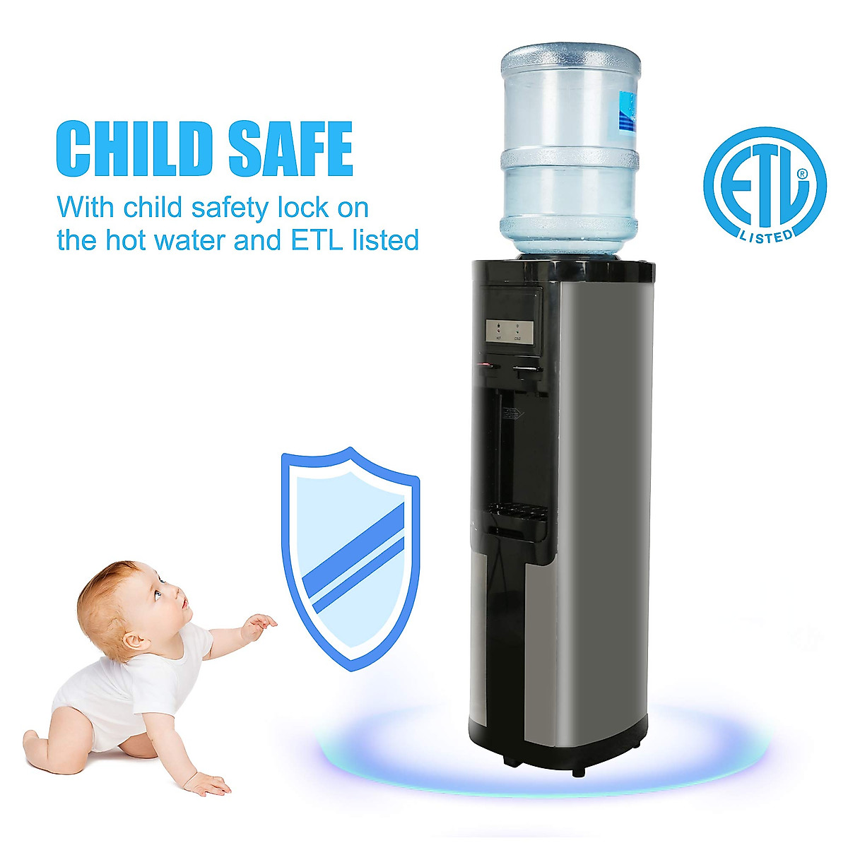 Vilobos Top Loading Water Dispenser Hot/Cold Water Cooler Dispenser-Holds 3 or 5 Gallon Bottles, Child Safety Lock,Removable Drip Tray for Home Office,Black