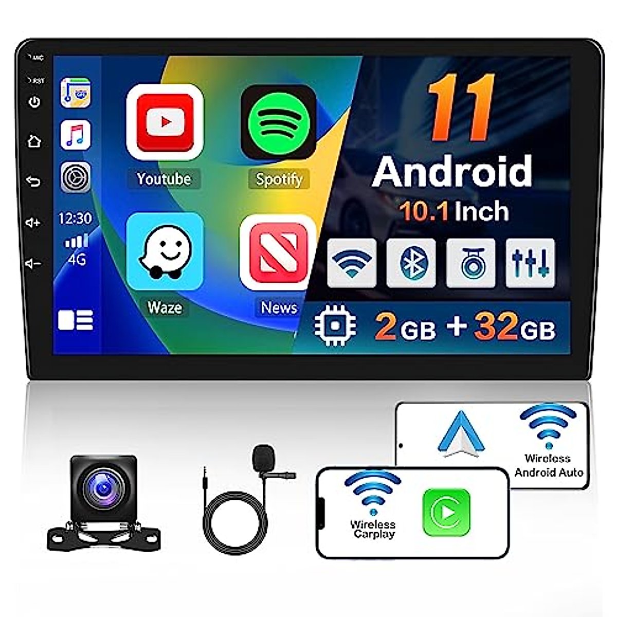 Double Din Android 11 Car Stereo Wireless Apple Carplay Android Auto【2G+32G】 Hikity 10.1 Inch Touch Screen Car Audio Receiver Bluetooth FM Radio GPS Navigation WiFi HiFi IPS Display + Backup Camera