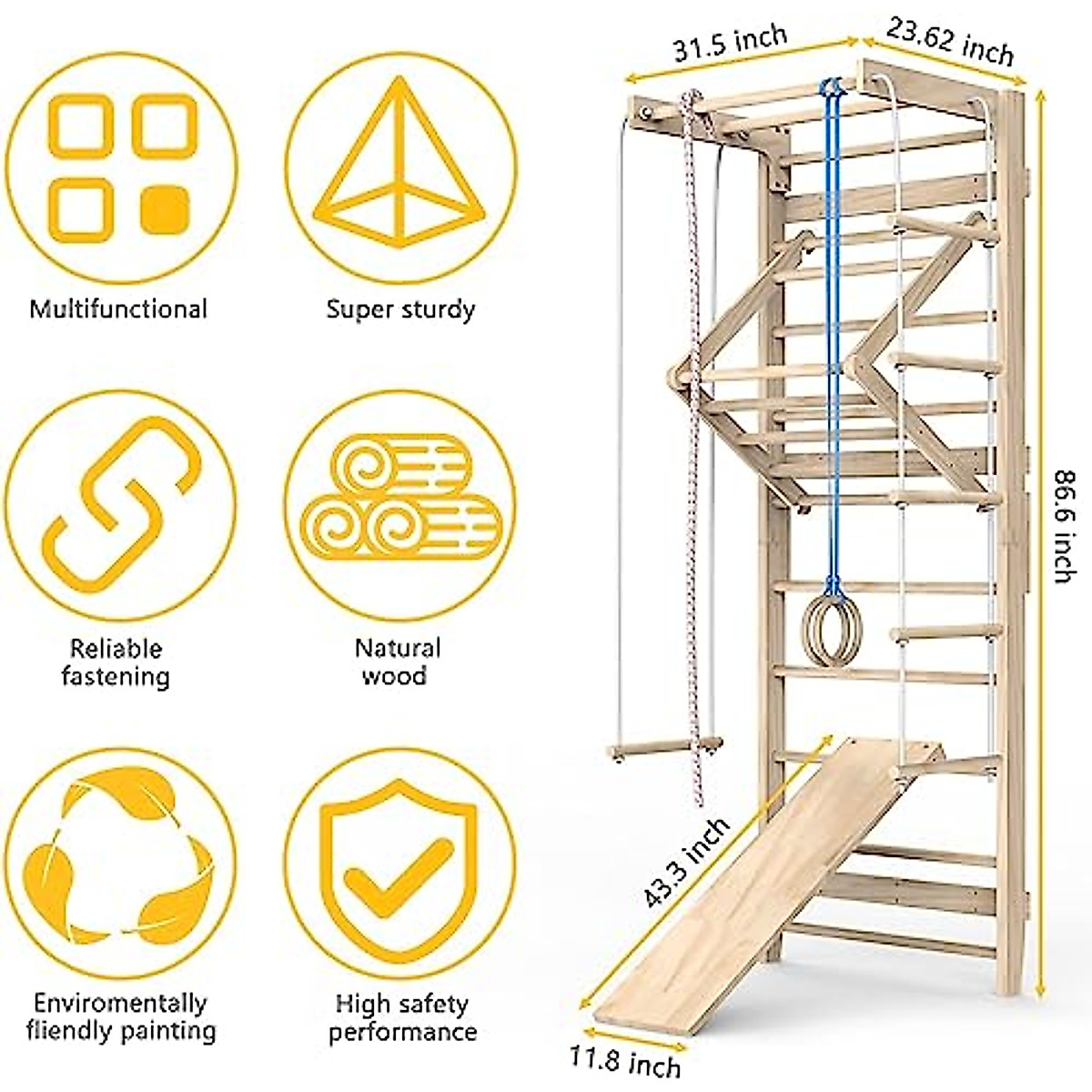 Jungle Gym, Wooden Swedish Wall Ladder Stall Bars Set, Indoor Playground Climbing Toys for Toddlers, Toddler Climbing Toys Indoor, Stall Bars for Exercise for All Family All Ages Training Stretching