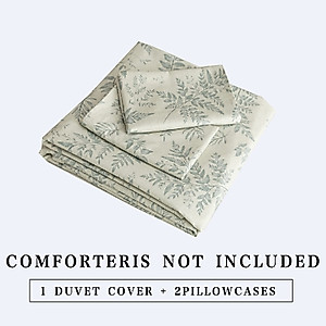 ECOCOTT 3 Pieces Duvet Cover Set with Vintage Green Leaves Pattern 100% Natural Cotton Cozy Simple Style Bedding Set (Queen Size)
