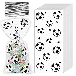 100 Pieces Soccer Goodie Bags, Football Treat Bags Party Favors Clear Candy Cello Bags with Sliver Twist Ties, Football Birthday Party Supplies for Boys Kids Team Gift Snack Bags