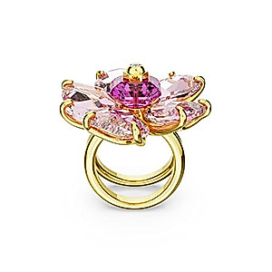 SWAROVSKI Idyllia Cocktail Ring, Flower Motif with Pink Crystals on a Gold-Tone Finished Double Band, Size 8, Part of the Idyllia Collection