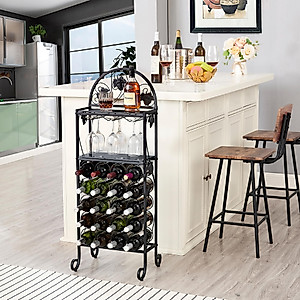VECELO Metal Wine Rack Hold 20 Bottles with Glasses Holder, Freestanding Floor Bar Storage & Display Shelf for Kitchen Dining Living Room, Black Glass Top