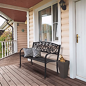 VINGLI 50" Patio Outdoor Metal Welcome Bench,Powder Coated Cast Iron Steel for Garden Path Yard Lawn Work Entryway Decor Deck, Black