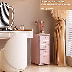 MIOCASA 5 Drawer Metal File Cabinet Mobile Underdesk Chest for Home Office (Pink)